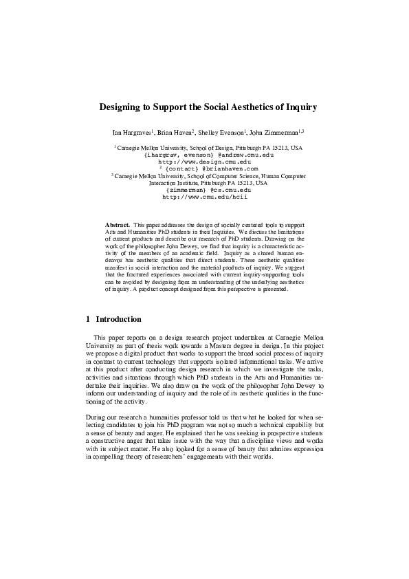 (PDF) Designing to Support the Social Aesthetics of Inquiry