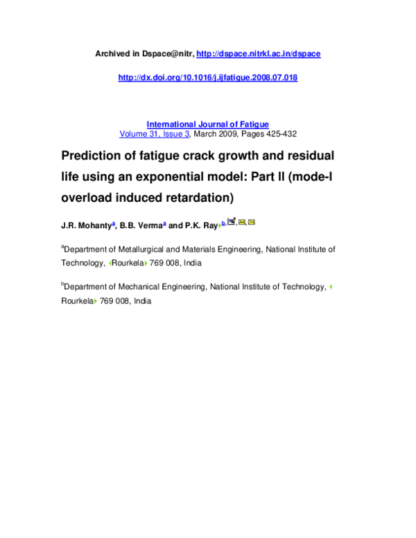 (PDF) Prediction of fatigue crack growth and residual life using an exponential model: Part II ...