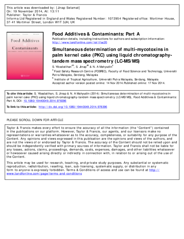 (PDF) Simultaneous determination of multi-mycotoxins in palm kernel cake (PKC) using liquid ...