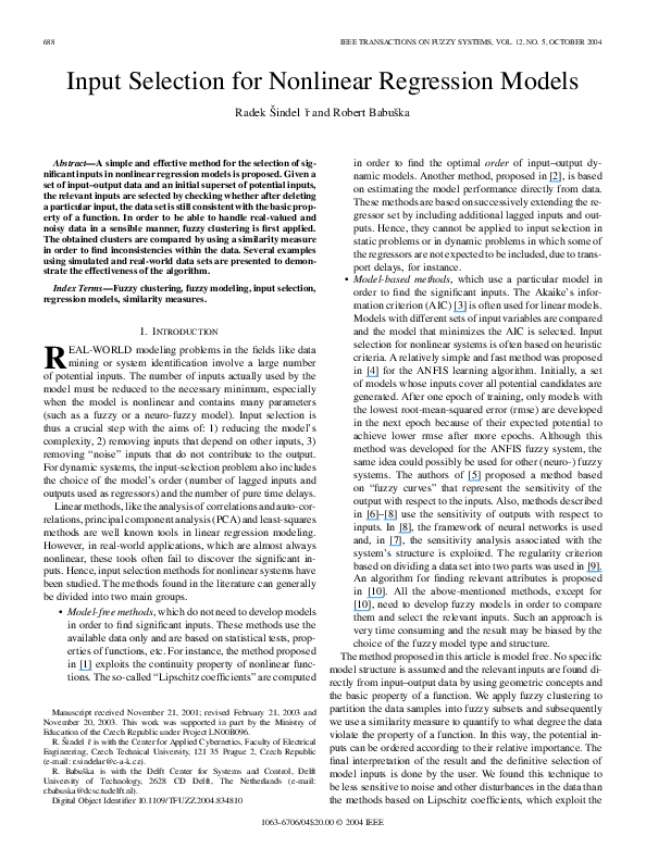 (PDF) Input selection for nonlinear regression models (PDF) Input selection for nonlinear regression models