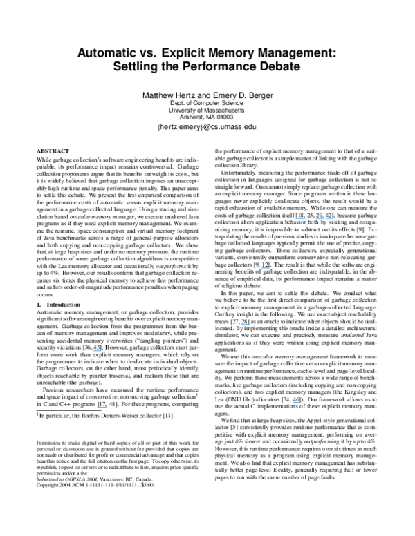 (PDF) Automatic vs. explicit memory management: Settling the performance debate