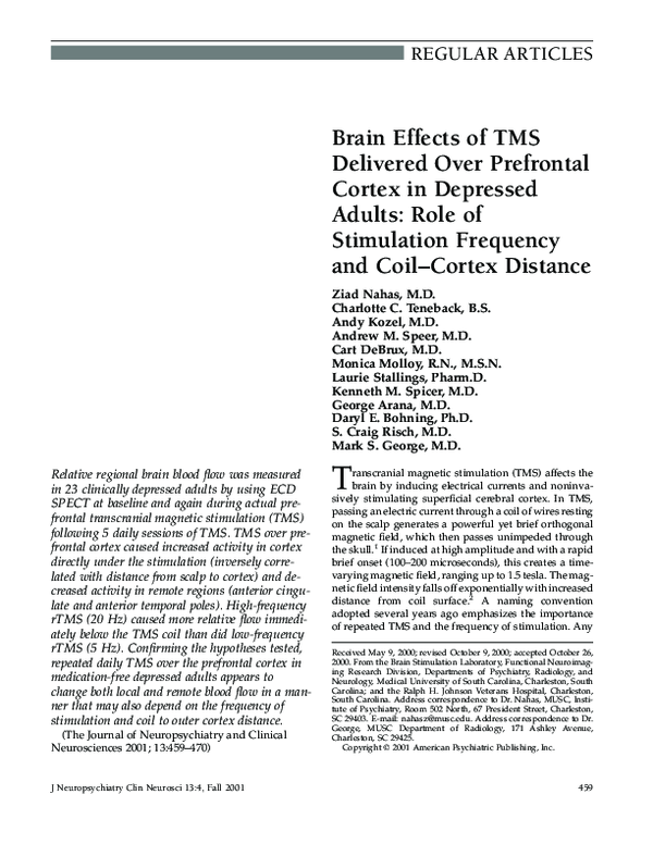 (PDF) Brain Effects of TMS Delivered Over Prefrontal Cortex in Depressed Adults: Role of ...