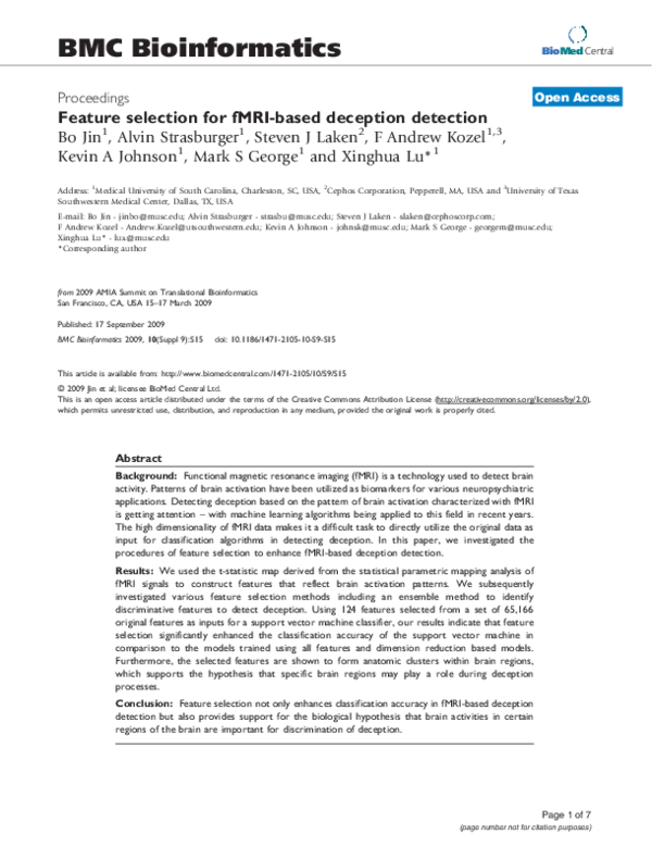 (PDF) Feature selection for fMRI-based deception detection