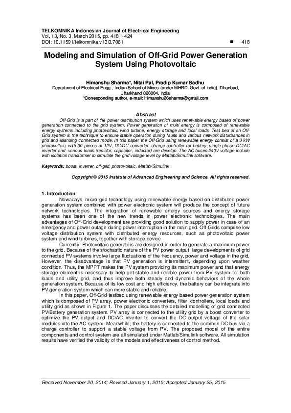 Pdf Modeling And Simulation Of Off Grid Power Generation System Using Photovoltaic