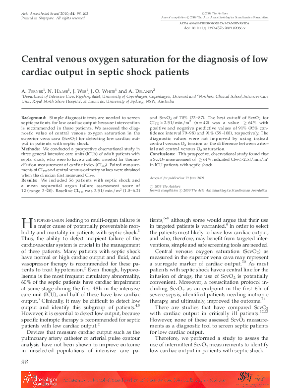 (PDF) Central venous oxygen saturation for the diagnosis of low cardiac output in septic shock ...