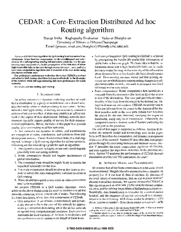 Pdf Cedar A Core Extraction Distributed Ad Hoc Routing Algorithm