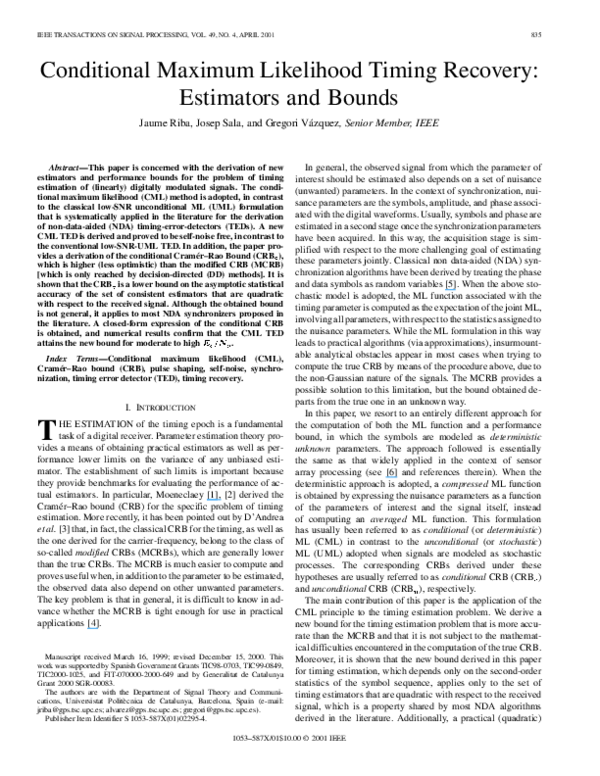 (PDF) Conditional maximum likelihood timing recovery: estimators and bounds