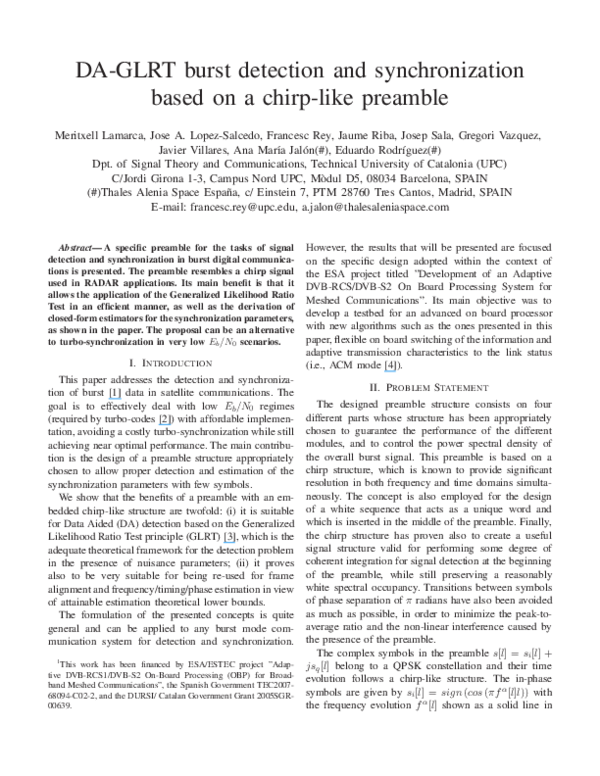 (PDF) DA-GLRT burst detection and synchronization based on a chirp-like preamble