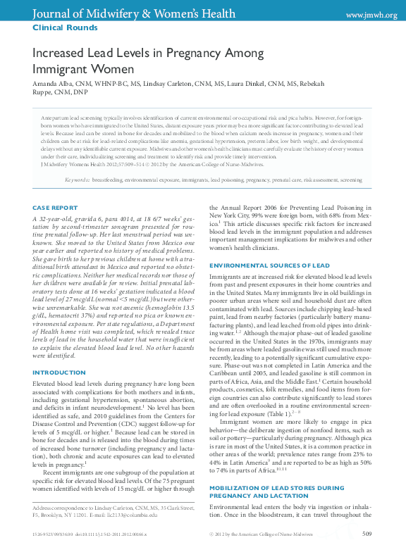 Increased Lead Levels in Pregnancy Among Immigrant Women