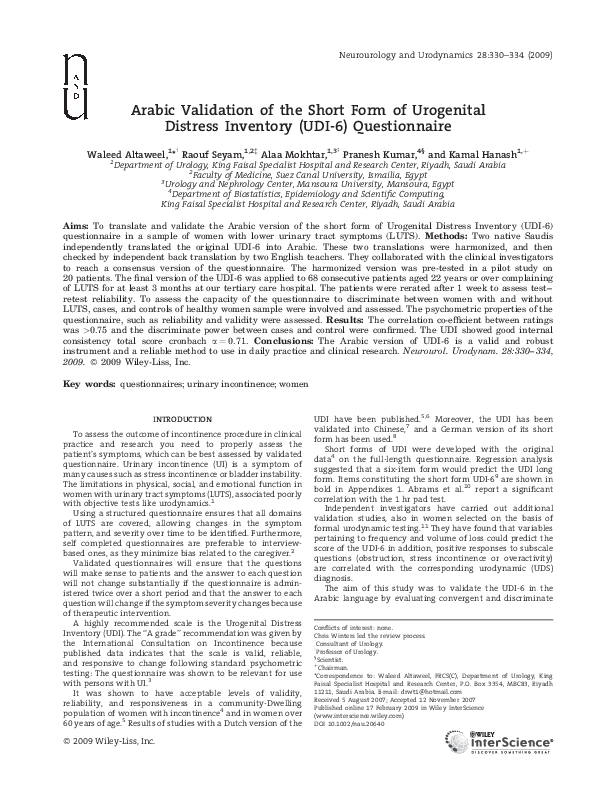 (PDF) Arabic validation of the short form of Urogenital Distress ...