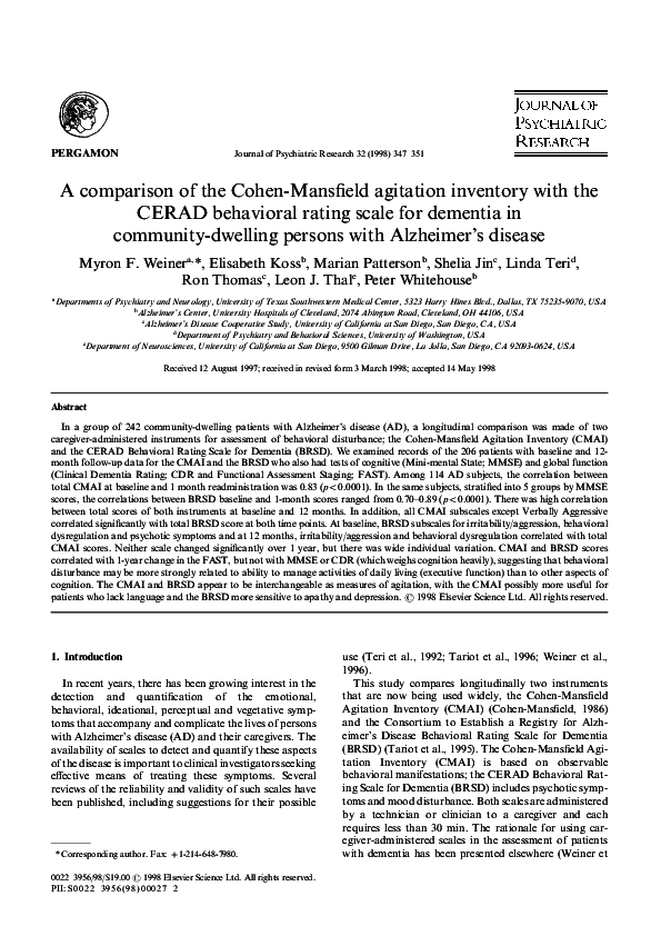 (PDF) A comparison of the Cohen-Mansfield agitation inventory with the ...