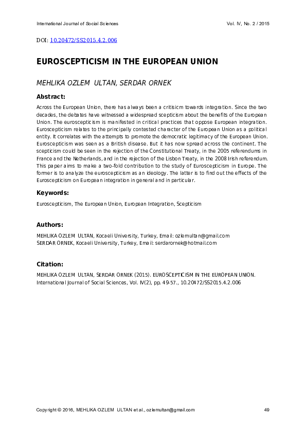 (PDF) EUROSCEPTICISM IN THE EUROPEAN UNION