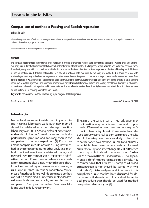 Pdf Comparison Of Methods Passing And Bablok Regression