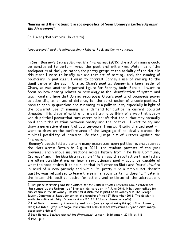 (DOC) Naming and the riotous: the socio-poetics of Sean Bonney’s ...