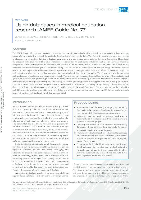 (PDF) Using databases in medical education research: AMEE Guide No. 77 ...