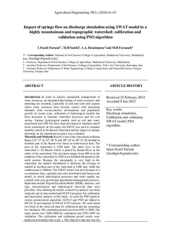 (PDF) Impact of springs flow on discharge simulation using SWAT model in a highly mountainous ...