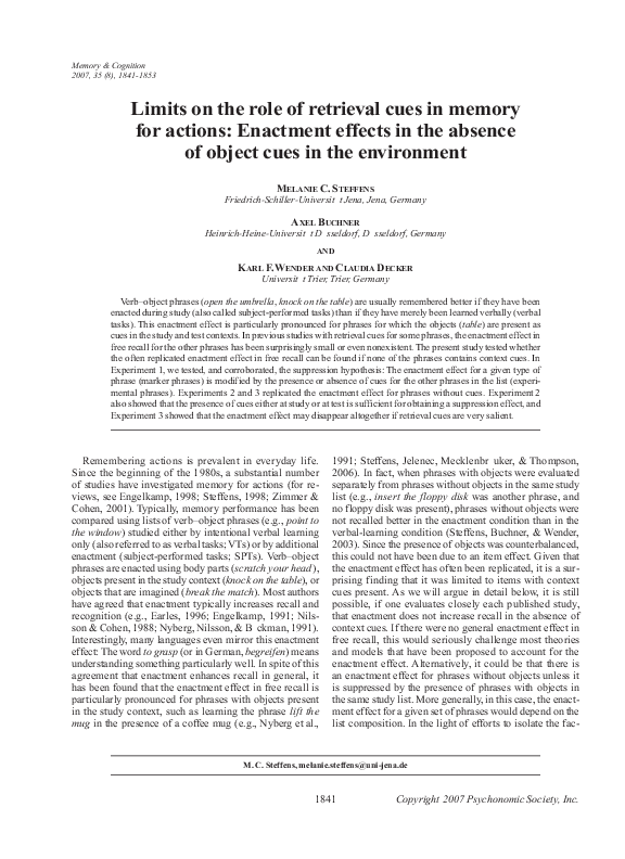 (PDF) Limits on the role of retrieval cues in memory for actions ...