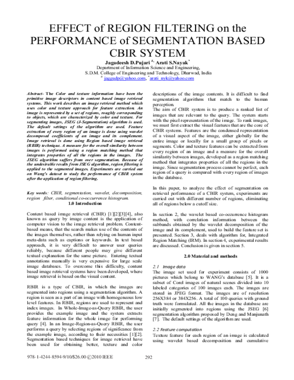 (PDF) EFFECT of REGION FILTERING on the PERFORMANCE of SEGMENTATION BASED CBIR SYSTEM