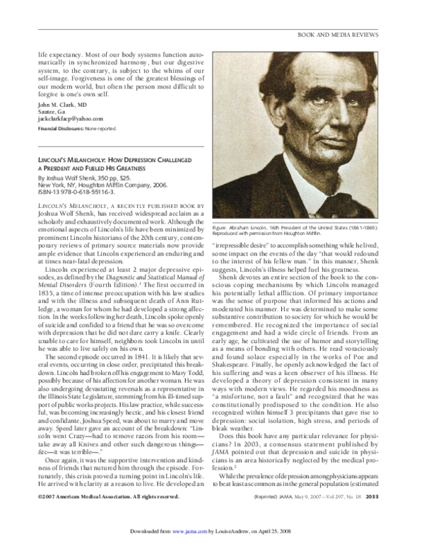 (PDF) Lincoln’s Melancholy: How Depression Challenged a President and ...