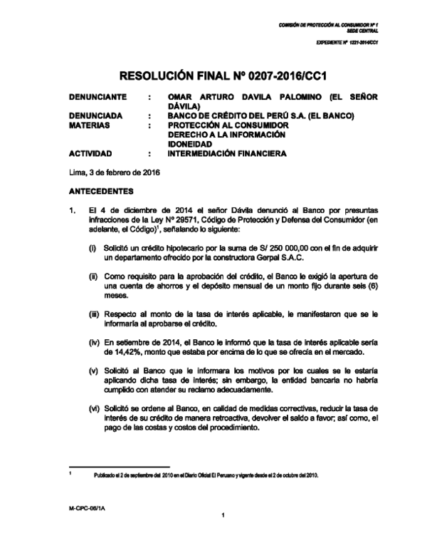 (PDF) RESOLUCIÓN FINAL N° 0207-2016/CC1 | Nell Llanos Cieza - Academia.edu