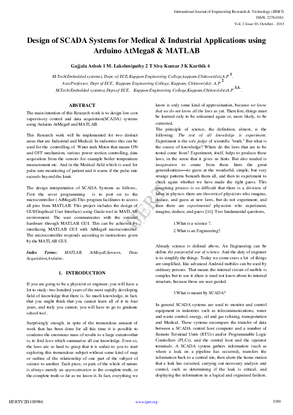 Pdf Design Of Scada Systems For Medical And Industrial Applications Using Arduino Atmega8 And Matlab