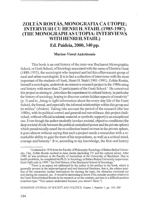 (PDF) 'Monografia ca Utopie: Interviuri cu Henri H. Stahl' by Zoltan Rostas