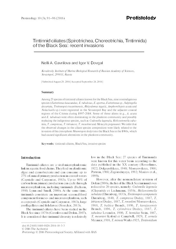 (PDF) Gavrilova N.A., Dovgal I.V. Tintinnid ciliates (Spirotrichea ...