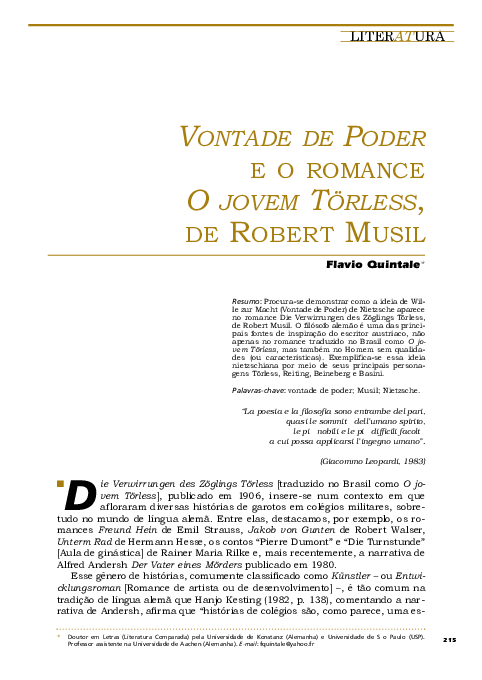 (PDF) Vontade de poder e o romance O jovem Törless, de Robert Musil
