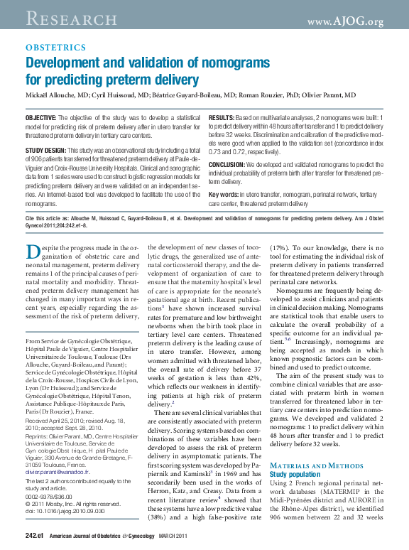 (PDF) Development and validation of nomograms for predicting preterm delivery