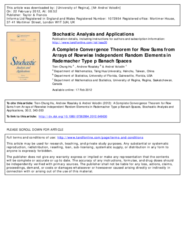 Pdf A Complete Convergence Theorem For Row Sums From Arrays Of Rowwise Independent Random 