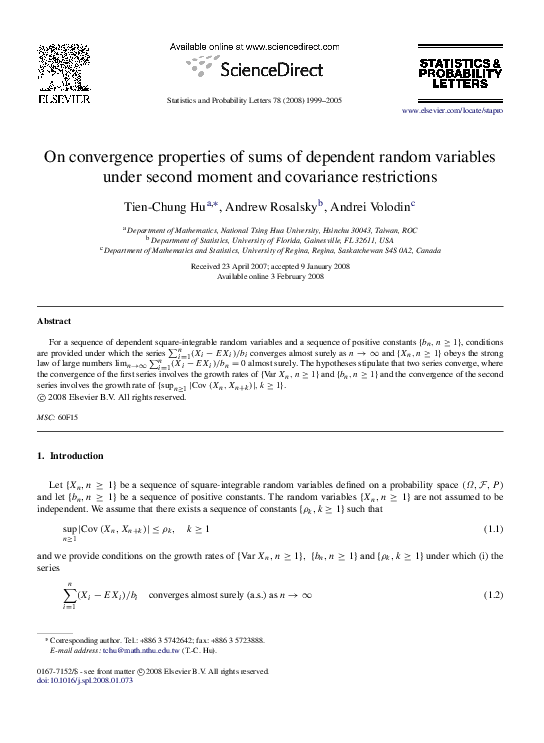 (PDF) On convergence properties of sums of dependent random variables under second moment and ...