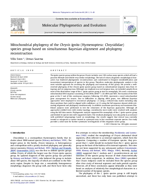 (PDF) Mitochondrial phylogeny of the Chrysis ignita (Hymenoptera: Chrysididae) species group ...
