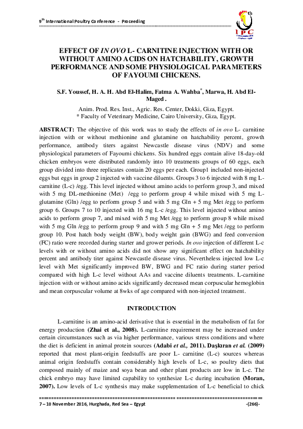 (PDF) EFFECT OF IN OVO L-CARNITINE INJECTION WITH OR WITHOUT AMINO ACIDS ON HATCHABILITY, GROWTH ...
