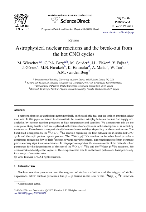 (PDF) Astrophysical nuclear reactions and the break-out from the hot ...