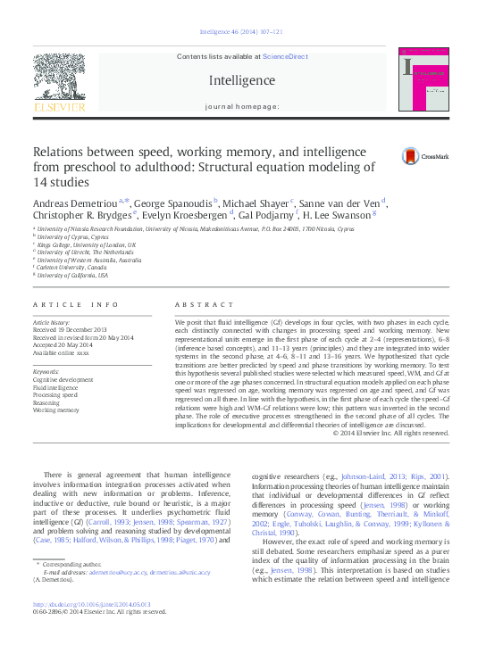 (PDF) Relations between speed, working memory, and intelligence from preschool to adulthood ...