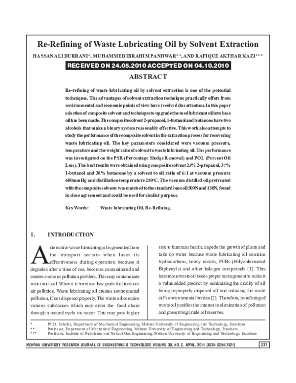 Pdf Re Refining Of Waste Lubricating Oil By Solvent Extraction
