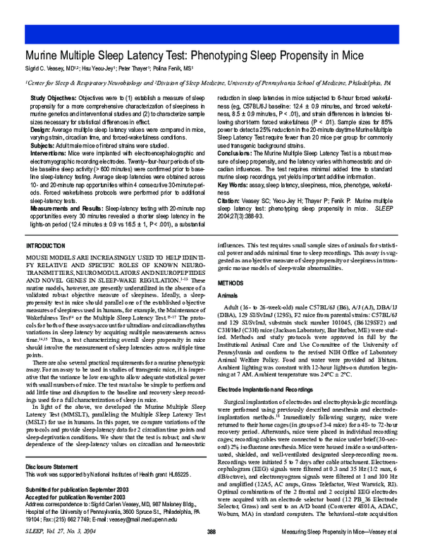 (PDF) Murine Multiple Sleep Latency Test: phenotyping sleep propensity ...