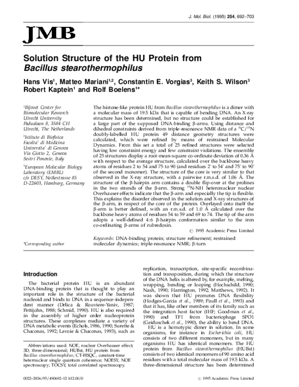 (PDF) Solution Structure of the HU Protein fromBacillus stearothermophilus