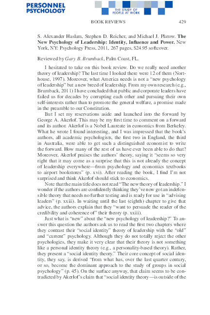 (PDF) The new psychology of leadership: Identity, influence and power