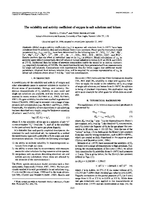 (PDF) The solubility and activity coefficient of oxygen in salt ...