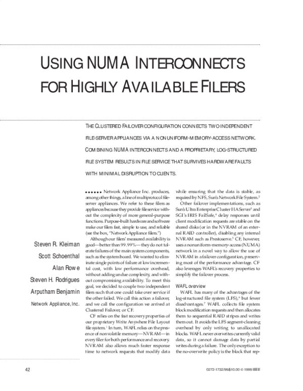 (PDF) Using NUMA interconnects for highly available filers