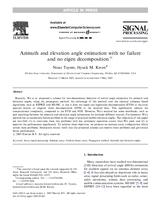 (PDF) Azimuth and elevation angle estimation with no failure and no eigen decomposition
