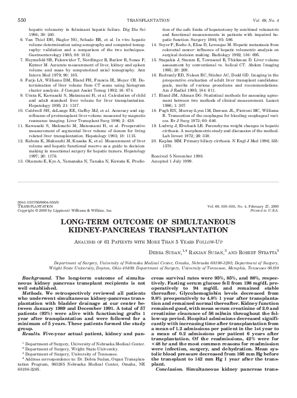 (PDF) Long-term outcomes in simultaneous kidney-pancreas transplant recipients with portal ...