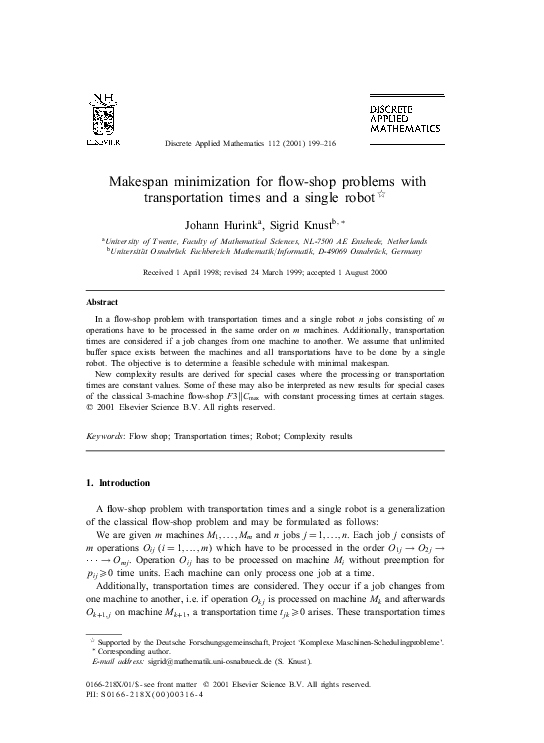 Pdf Makespan Minimization For Flow Shop Problems With Transportation Times And A Single Robot