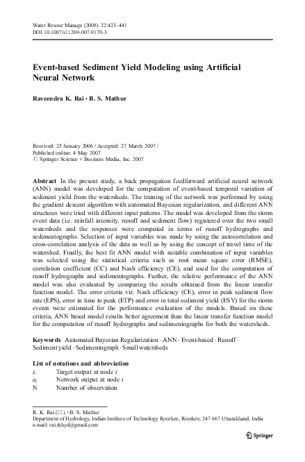 Pdf Event Based Sediment Yield Modeling Using Artificial Neural Network