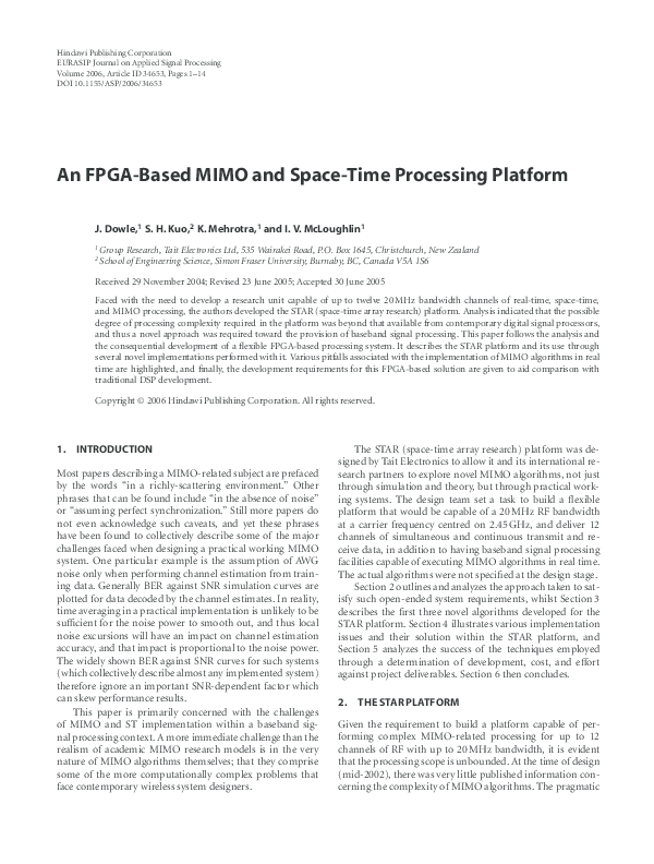 Pdf Fpga Based Mimo And Space Time Processing Platform Ian Mcloughlin James Dowle And 