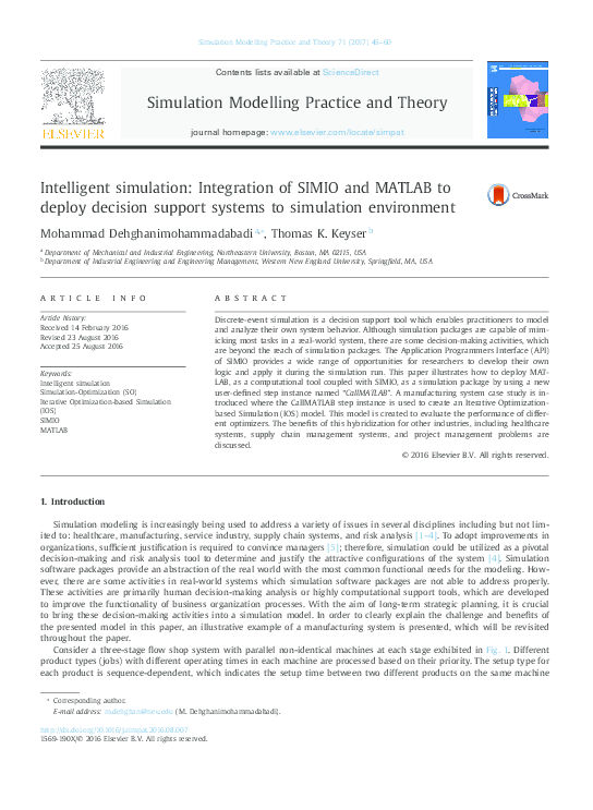 (PDF) Intelligent simulation: Integration of SIMIO and MATLAB to deploy decision support systems ...