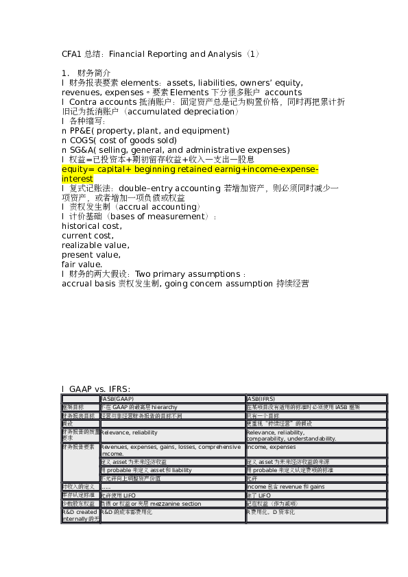 (DOC) CFA1总结Financial Reporting and Analysis1