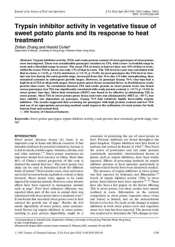 (PDF) Trypsin inhibitor activity in vegetative tissue of sweet potato ...