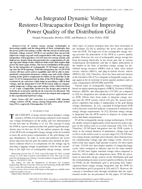 (PDF) An Integrated Dynamic Voltage Restorer-Ultracapacitor Design for Improving Power Quality ...